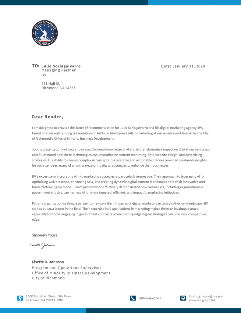 Letter of Recommendation from City of Richmond, VA | BV